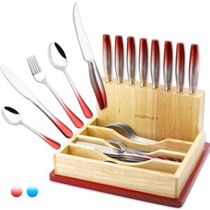 knifast 41-piece silverware set, stainless steel flatware cutlery set, tableware eating utensils include rubber wood block/steak knife/knife/fork/spoon, mirror polished, dishwasher safe (red)