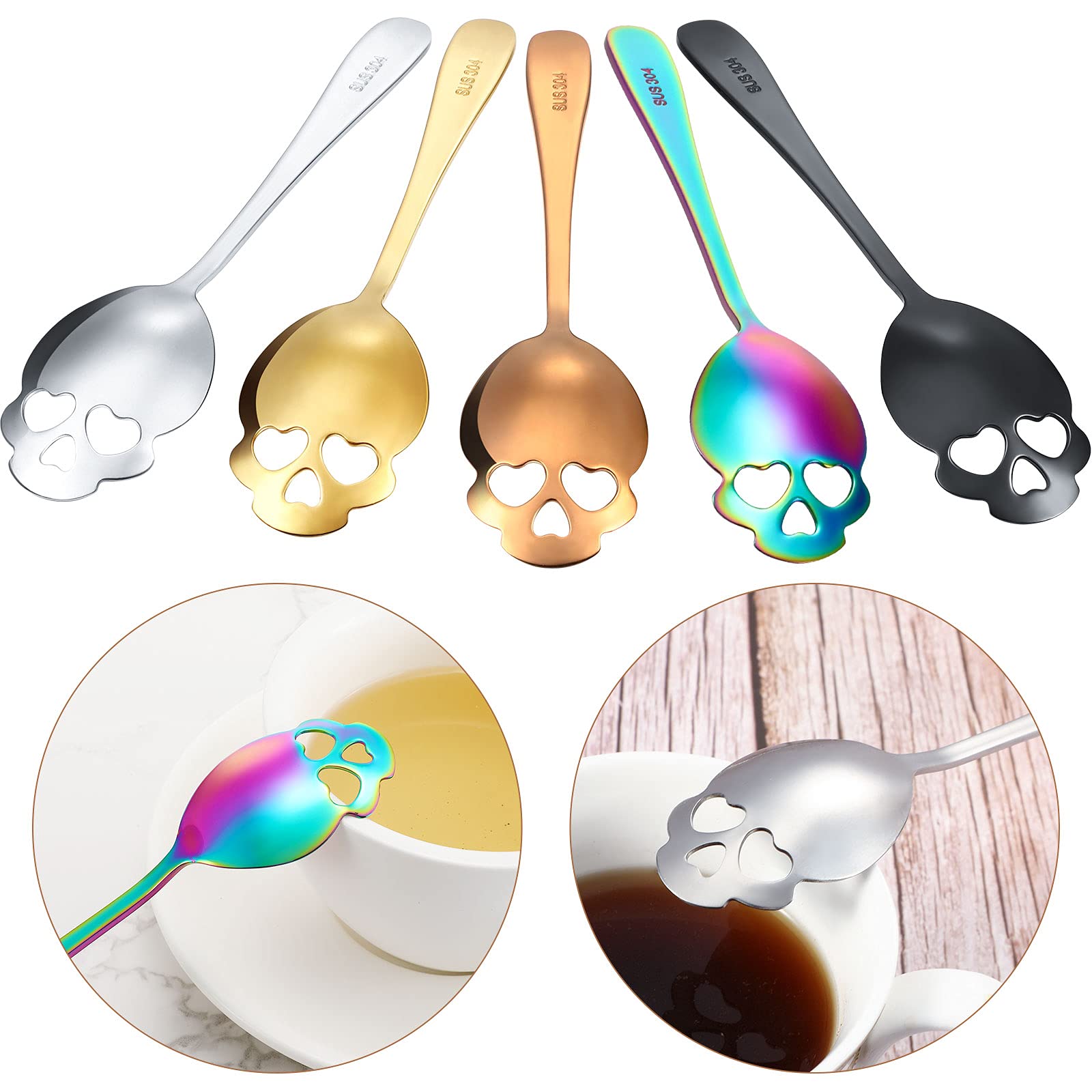 Skull Spoons Stainless Steel Coffee and Espresso Spoons for Tea, Milk, Sugar Stirring, Dessert, Cake (Mixed Color,5 Pieces)