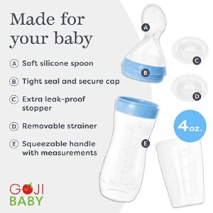 Goji Baby - 4 oz Silicone Baby Food Dispensing Spoon - 4 Pack - Great for 4+ Month Infants - Includes Stopper - Easy to Use and Mess-Free - Precise Food-Release Feeder - Great for Travel (Blue)