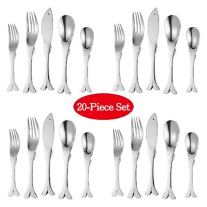 UPware 20-Piece Fish Shaped Flatware Set, 18/8 Stainless Steel Silverware Cutlery Set, Service for 4, Mirror Polished, Dishwasher Safe (Fish)