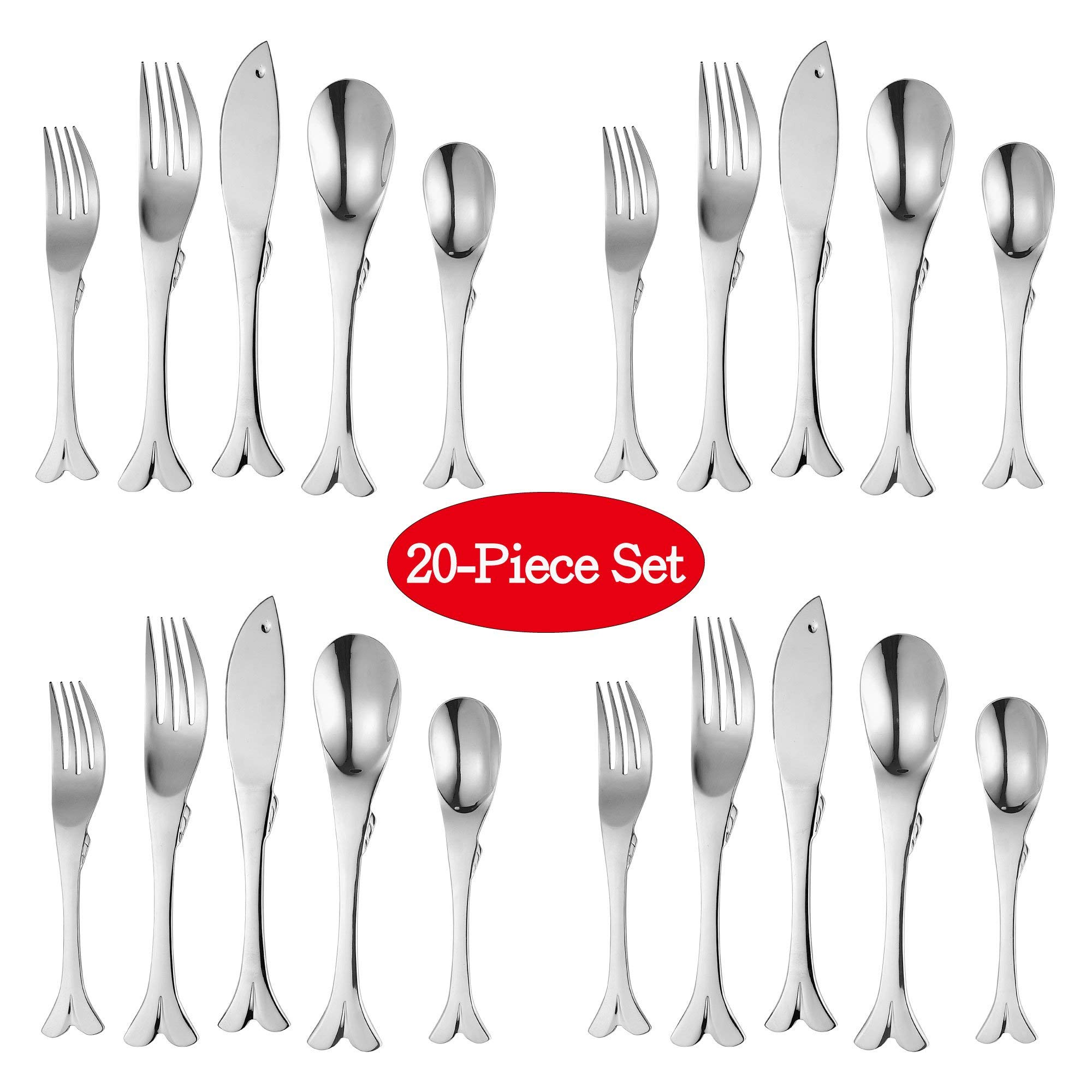 UPware 20-Piece Fish Shaped Flatware Set, 18/8 Stainless Steel Silverware Cutlery Set, Service for 4, Mirror Polished, Dishwasher Safe (Fish)