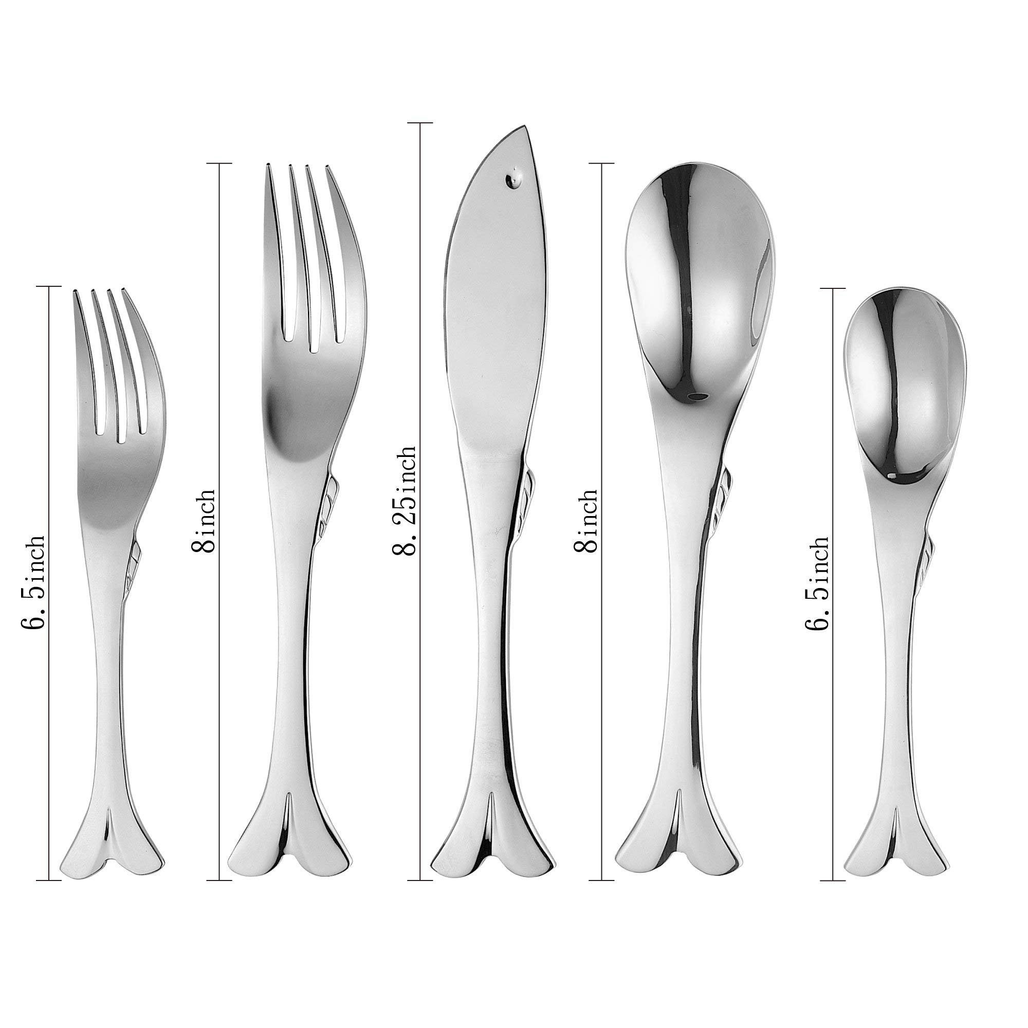 UPware 20-Piece Fish Shaped Flatware Set, 18/8 Stainless Steel Silverware Cutlery Set, Service for 4, Mirror Polished, Dishwasher Safe (Fish)