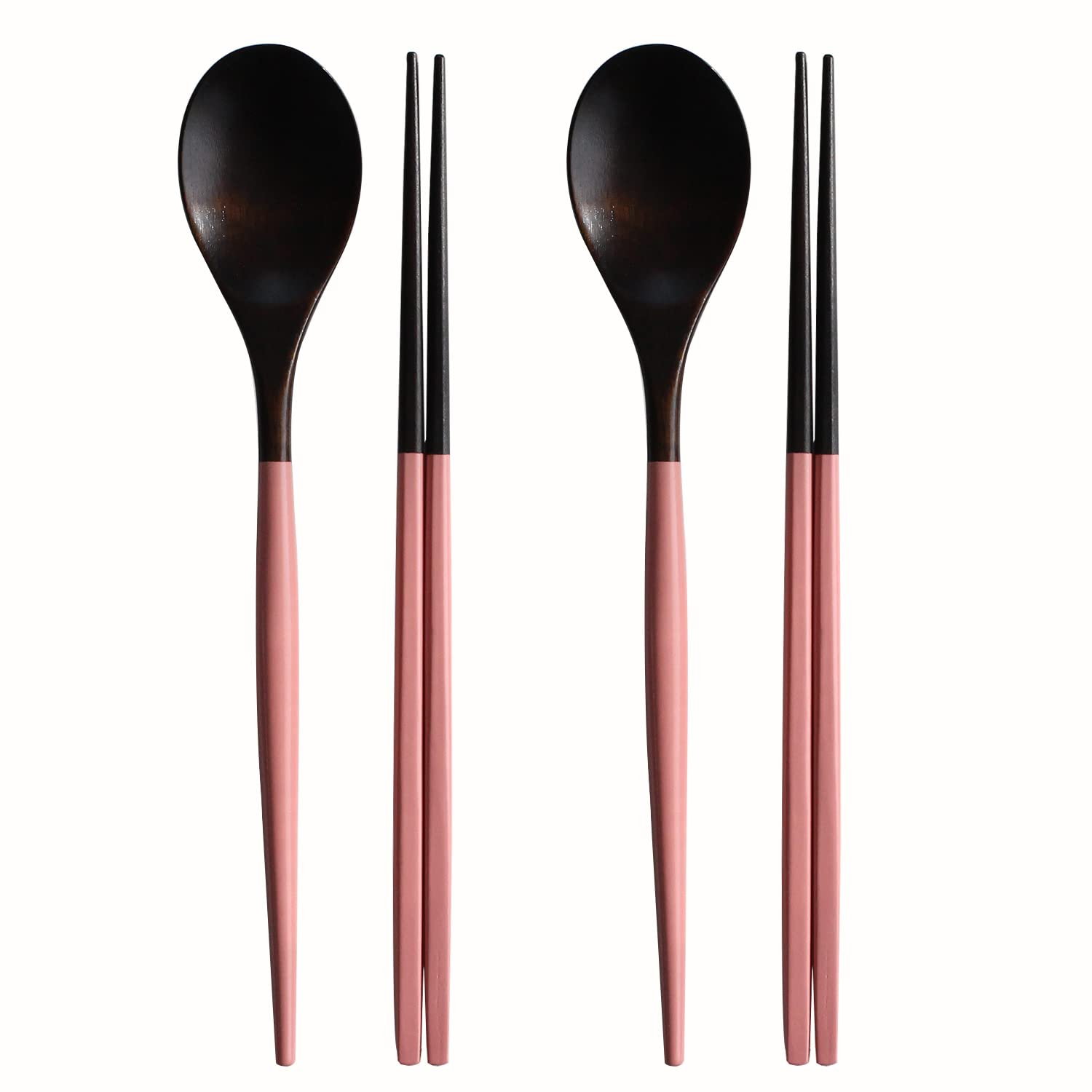 Chopsticks Reusable Korea traditional Spoon and Chopsticks Set, 2 Pair lacquer wooden Chopsticks Spoon (pink)