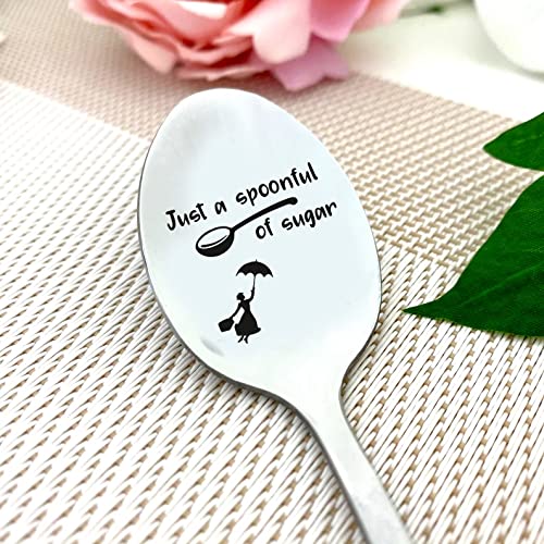 BIGEVENTS Just a Spoonful of Sugar Spoon Custom, Personalized, Gift, Present Coffee Lover Tea Lover Engraved Spoon Gift, Silver, 7 inches (A2)