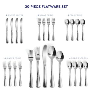 Sagler 20-Piece Flatware Set - heavy duty flatware sets - 18/10 Stainless Steel silverware sets - Set for 4