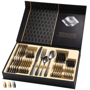 black silverware set, avalon 24 piece flatware set service for 6, high grade 18/10 stainless steel cutlery set, mirror polished, dishwasher safe