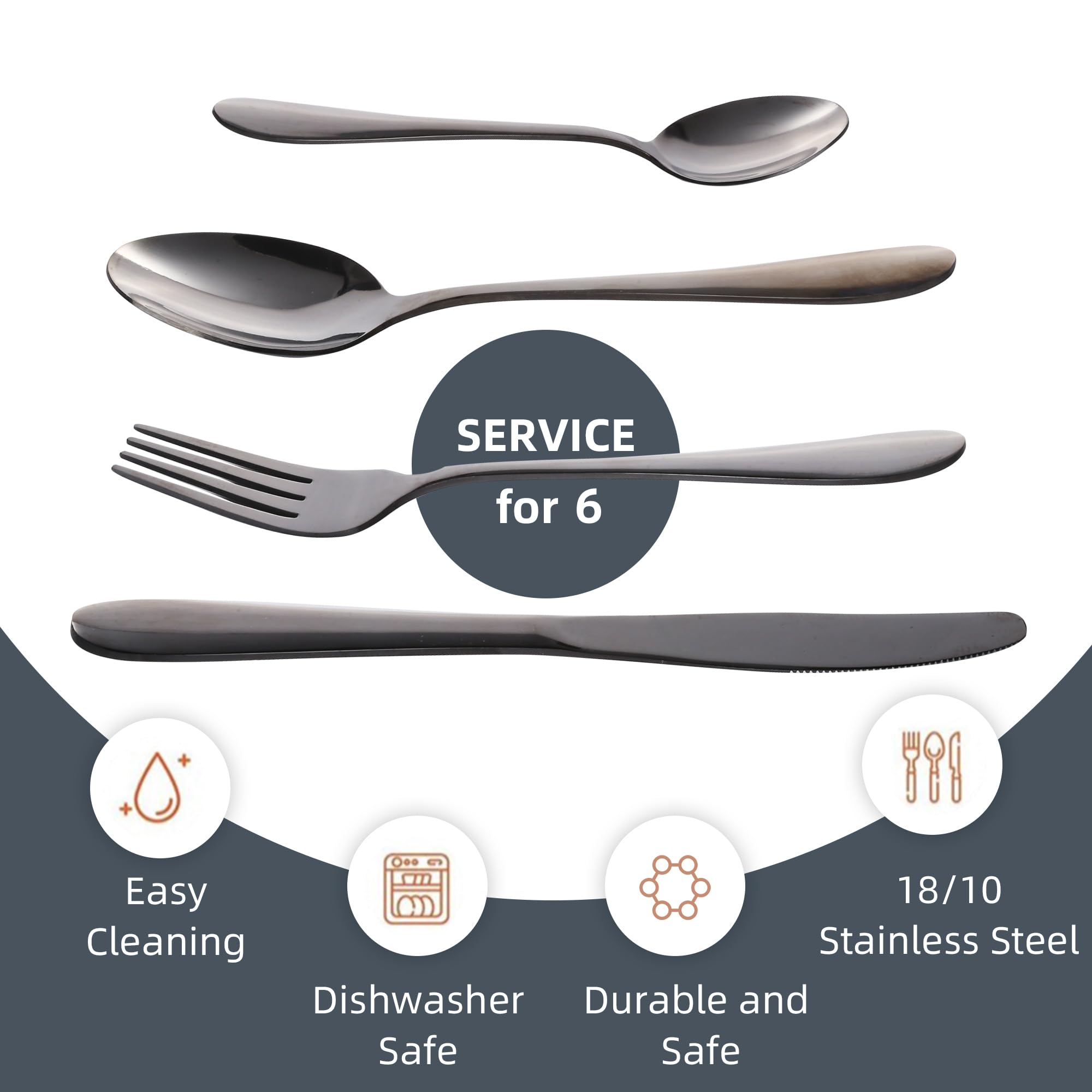 Black Silverware Set, Avalon 24 Piece Flatware Set Service for 6, High Grade 18/10 Stainless Steel Cutlery Set, Mirror Polished, Dishwasher Safe