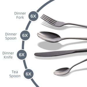 Black Silverware Set, Avalon 24 Piece Flatware Set Service for 6, High Grade 18/10 Stainless Steel Cutlery Set, Mirror Polished, Dishwasher Safe