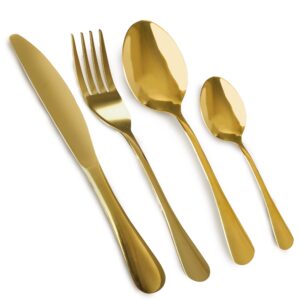 zonvizo 20 piece gold flatware set, spoons and fork set, stainless steel tableware service cutlery set, mirror finish with timeless elegance dishwasher safe (gold)