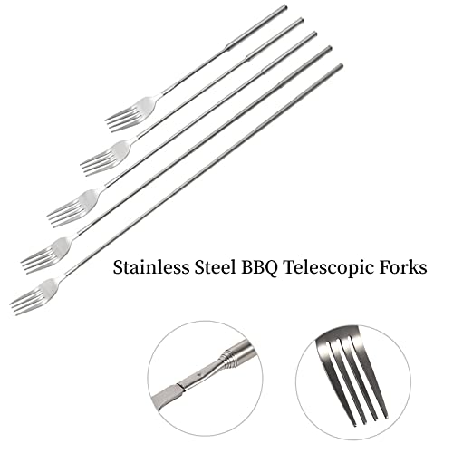 5Pcs Extendable Forks, Stainless Steel BBQ Telescopic Forks 8.7-25.4Inch Dessert Long Handle Fork Cutlery Barbecue Telescopic Toasting Dinner Fruit Dessert Cutlery Forks