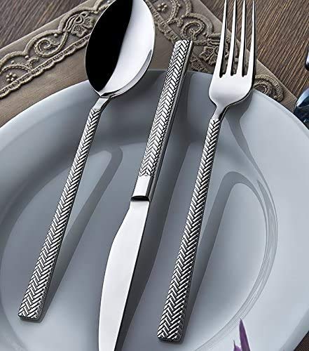 Silverware set by Olinda 18/10 Stainless Steel Flatware Tableware Set Spoon and Fork set Heavy Duty Extra thick flatware at Great Value 20 pcs set Service for 4 (Herringbone Look)