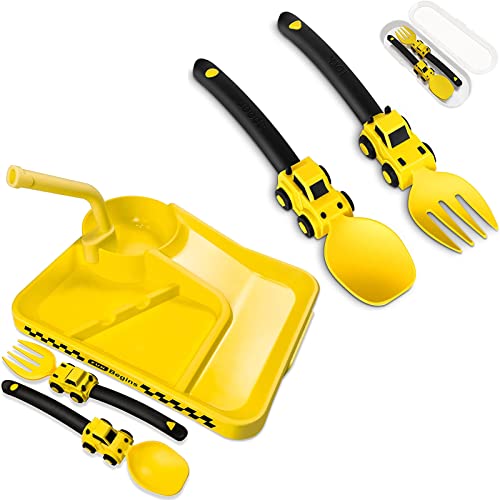 A Set of Toddler's Plates Set and a Set of Toddler's Fork and Spoon Set, Construction Toddler Utensils, Suitable for Kids Utensils.