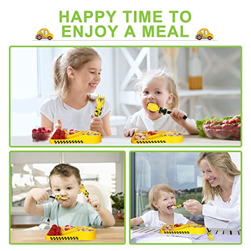 A Set of Toddler's Plates Set and a Set of Toddler's Fork and Spoon Set, Construction Toddler Utensils, Suitable for Kids Utensils.