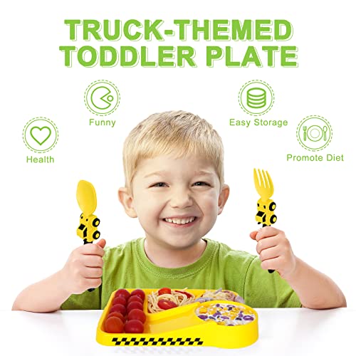 A Set of Toddler's Plates Set and a Set of Toddler's Fork and Spoon Set, Construction Toddler Utensils, Suitable for Kids Utensils.