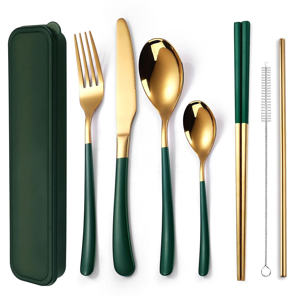 AARAINBOW 7 Pieces Stainless Steel Flatware Set Portable Reusable Cutlery Set Travel Utensils Set Including Chopsticks Knife Fork Spoon Straws Cleaning Brush Dishwasher Safe (7 Green Golden)