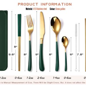 AARAINBOW 7 Pieces Stainless Steel Flatware Set Portable Reusable Cutlery Set Travel Utensils Set Including Chopsticks Knife Fork Spoon Straws Cleaning Brush Dishwasher Safe (7 Green Golden)