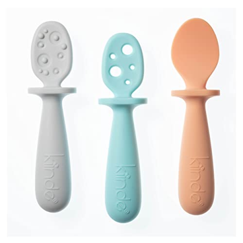 Kiinde Silicone Baby Spoons | Set of 3 Toddler Utensils for Teething & Baby Led Weaning | Developmental Meal Set of Non-Toxic Self Feeding Baby Utensils & Spoons | For Kids Ages 0-12 Months & Beyond