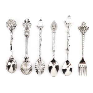 6pcs teaspoon set, small vintage retro royal zinc alloy dessert spoon with fork silverware tableware coffee spoon for home kitchen cafe sugar stir ice cream cake