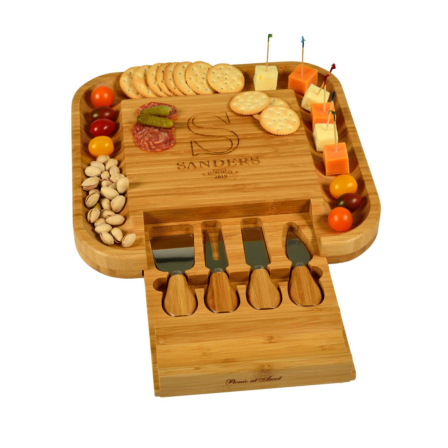 Custom Personalized Engraved Bamboo Cheese/Charcuterie Cutting Board with Knife Set & Cheese Markers- Designed & Quality Checked in USA