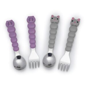 melii toddler and kid feeding spoon & fork set, stainless steel, bpa free, dishwasher safe (cat & bulldog 4pc)