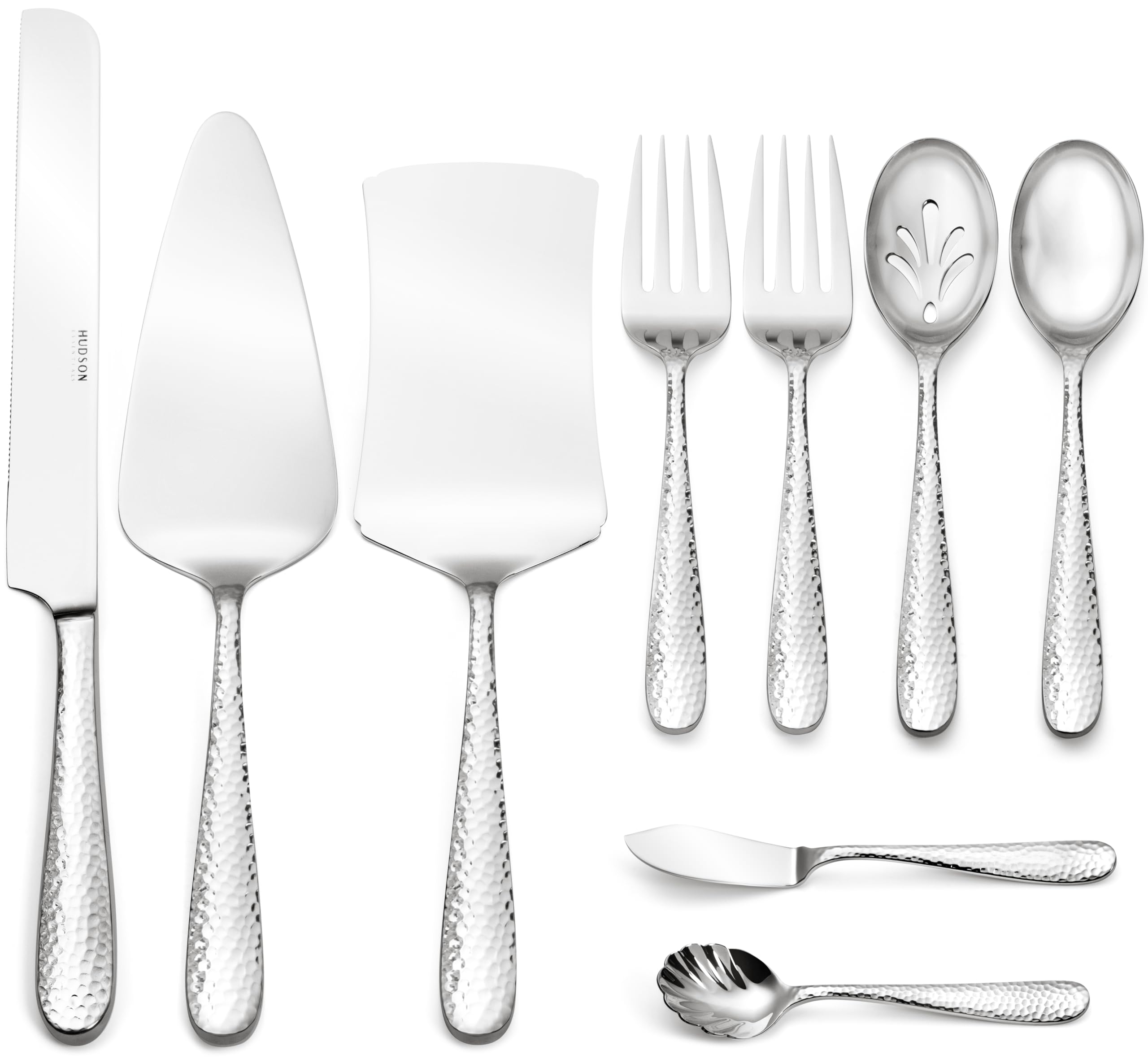 Hudson Essentials 9-Piece Bergamo Hammered 18/10 Stainless Steel Hostess Serving Utensil Set - Flatware Silverware with Wedding Cake Knife & Cake Server - Perfect for Weddings, Engagements and Parties