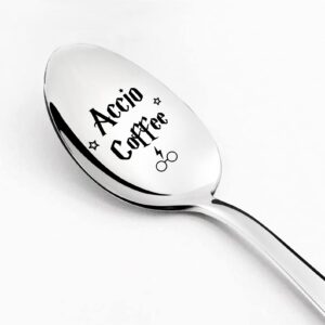 ptzizi funny accio coffee engraved stainless steel coffee spoon for coffee tea lovers, book lover bookworm friends harry potter fan birthday, valentine, christmas gifts, silver, 1.3x7