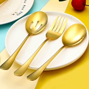 6 Pack Serving Spoons Set Includes 2 Serving Spoons 2 Slotted Serving Spoons and 2 Serving Forks Stainless Steel Buffet Dinner Restaurant Serving Spoons Set for Party Banquet, 8.7 Inch (Gold)