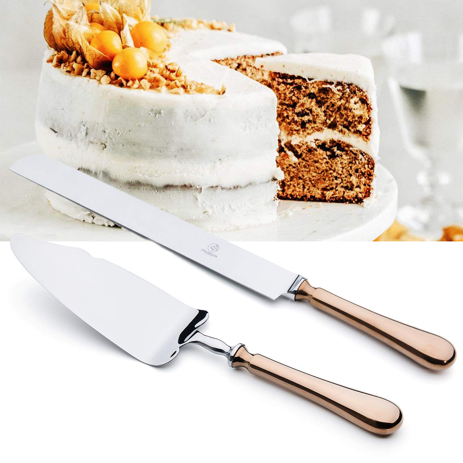 OTW PAVILION Wedding Cake Knife and Server Set,Rose Gold 18/10 Stainless Steel 2 Piece Dessert Set Pie Server Cake Cutter Knife for Birthday,Anniversary,Holiday,Baby Shower,Party