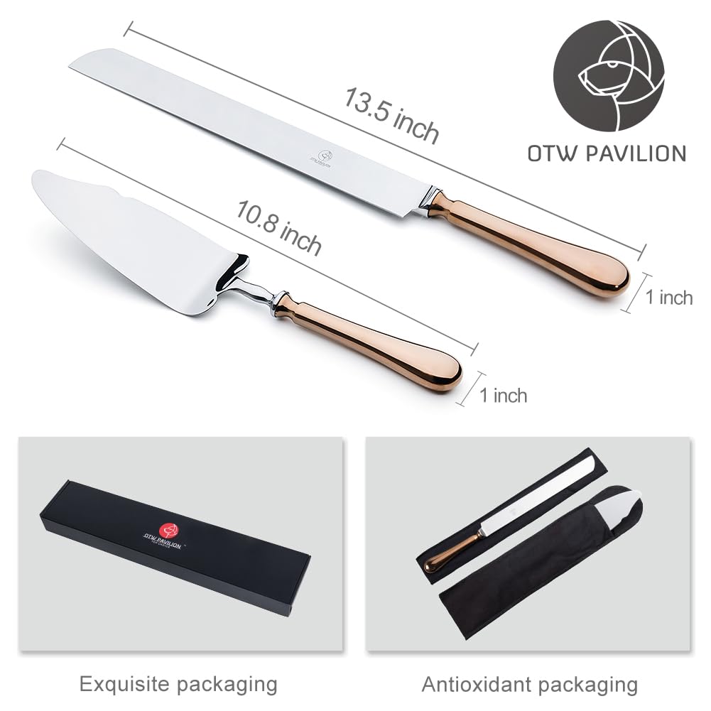 OTW PAVILION Wedding Cake Knife and Server Set,Rose Gold 18/10 Stainless Steel 2 Piece Dessert Set Pie Server Cake Cutter Knife for Birthday,Anniversary,Holiday,Baby Shower,Party