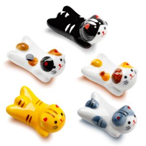 5 pack cat chopsticks holder set cute chopsticks rest japanese style porcelain lucky cat spoon rest ceramic chopsticks for dinner fork knife tableware, decoration home kitchen gift