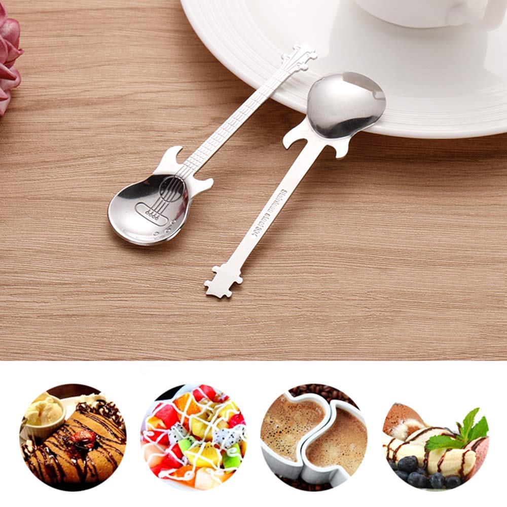 Ceqiny 5pcs Guitar Spoon Coffee Spoons Creative Cute Spoons Stainless Steel Teaspoons Ice-Cream Stirring Spoon Retro Dessert Demitasse Spoons Cutlery Kitchen Tableware for Home Party, Silver