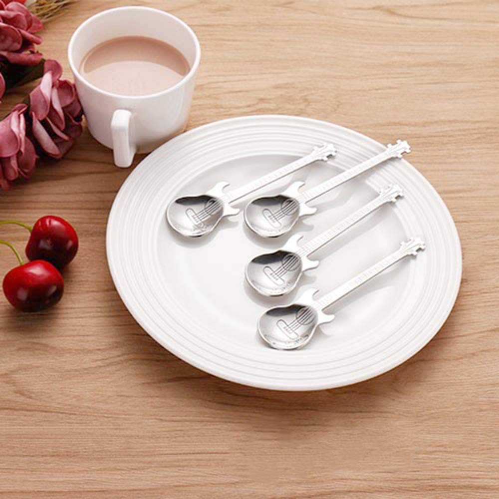 Ceqiny 5pcs Guitar Spoon Coffee Spoons Creative Cute Spoons Stainless Steel Teaspoons Ice-Cream Stirring Spoon Retro Dessert Demitasse Spoons Cutlery Kitchen Tableware for Home Party, Silver