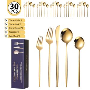 Gold Silverware Set, 30-Piece Stainless Steel Flatware Set Mirror Polished Cutlery Utensil Set Service for 6, Durable Home Kitchen Eating Tableware Set, Include Fork Knife Spoon Set, Dishwasher Safe