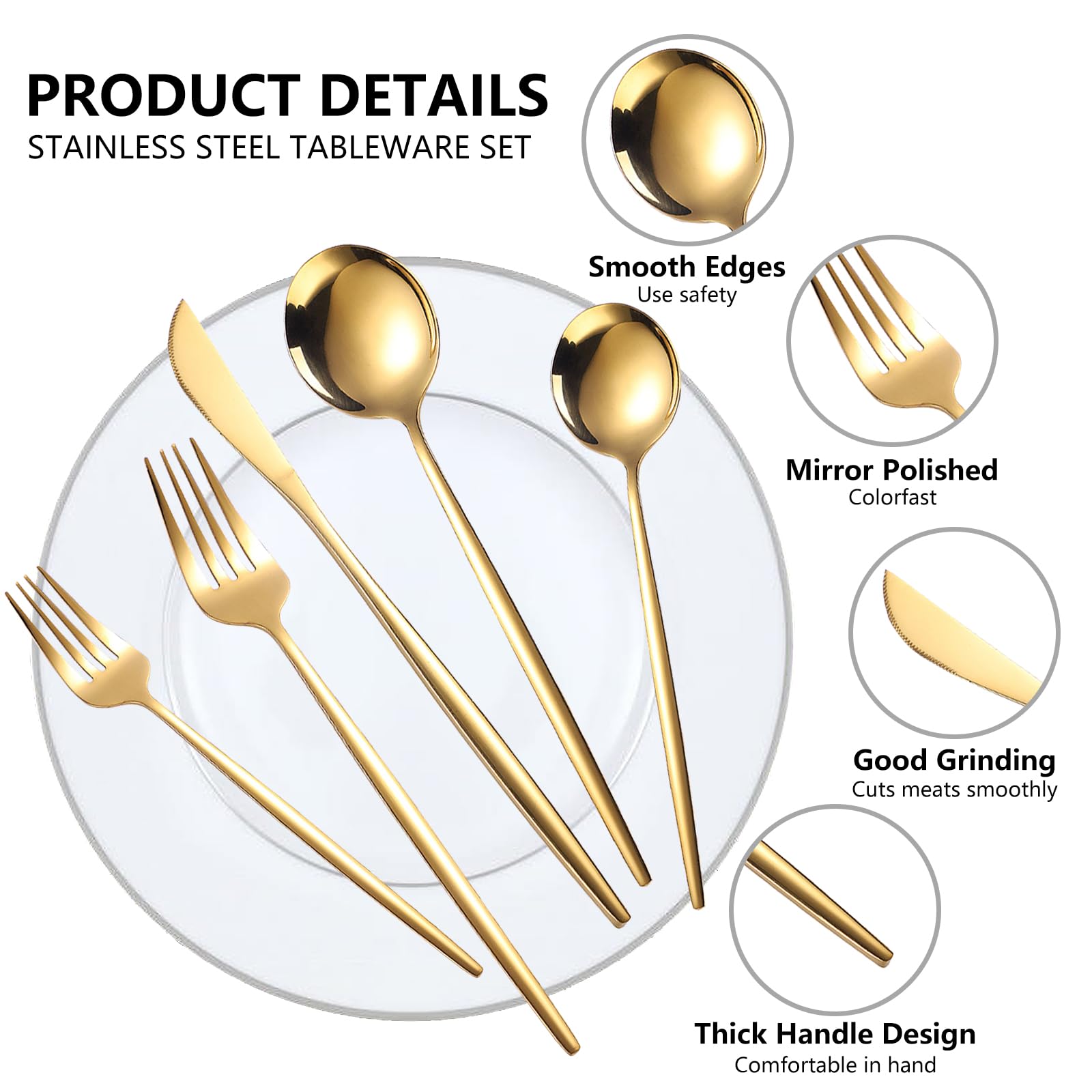 Gold Silverware Set, 30-Piece Stainless Steel Flatware Set Mirror Polished Cutlery Utensil Set Service for 6, Durable Home Kitchen Eating Tableware Set, Include Fork Knife Spoon Set, Dishwasher Safe