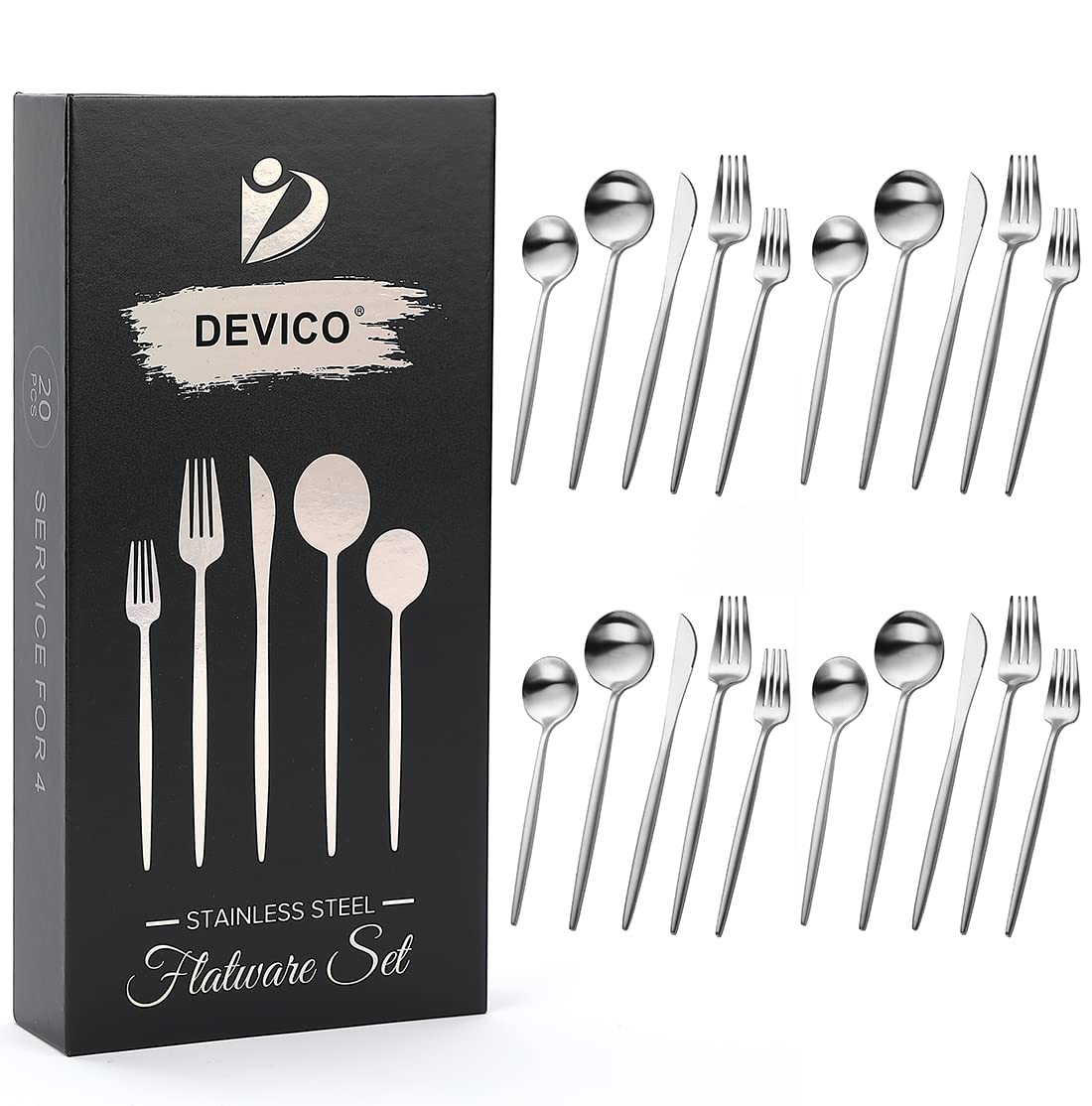 Devico Matte Silverware Set, 20-Piece 18/10 Stainless Steel Flatware Cutlery Utensils Tableware Set Service for 4, Great Gift for Friends/Family, Dishwasher Safe (4 sets, Silver-A)