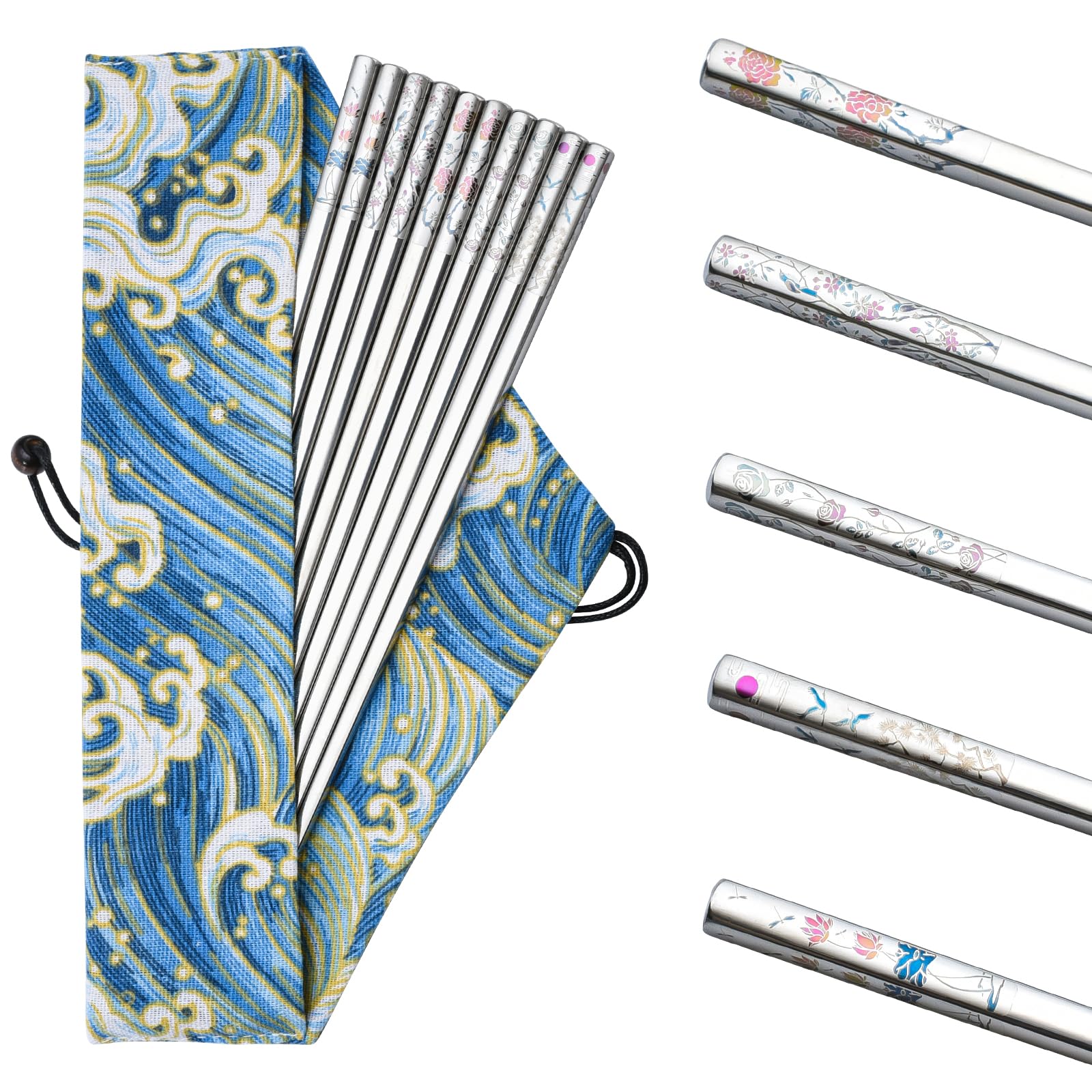 CATHYLIFE Metal Chopsticks, East Asian Ethnic Style Colorful Laser Engraving, Stainless Steel Titanium Plated, Dishwasher Safe, Chinese Japanese Korean Oriental Gifts, 5 Pair with Gift Bag Set.(All)