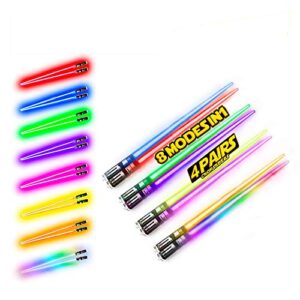 lightsaber chopsticks light up - led glowing light saber chop sticks - reusable sushi lightup sabers chopstick set of 4 pairs - 8 changing color modes