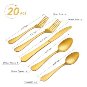 Lorena Matte Gold Silverware Set, 20 Piece Gold Utensils Set Service for 4, Stainless Steel Gold Flatware Set Include Forks Knives Spoons, Cutlery Set for Home and Kitchen, Dishwasher Safe