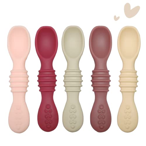 Jocate Silicone Baby Spoons First Stage Set - 4.5 Inch Self Feeding Spoons for Babies and Toddlers - Food Safe BPA Free Silicone - Dishwasher and Microwave Safe - Set of 5 (The Pastels)