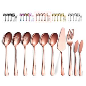 rose gold serving spoons 10 pieces, kyraton serving utensils, serving set include 3 serving spoon, 3 slotted spoon, 1 serving fork, 1 cake server, 2 butter knife spreaders