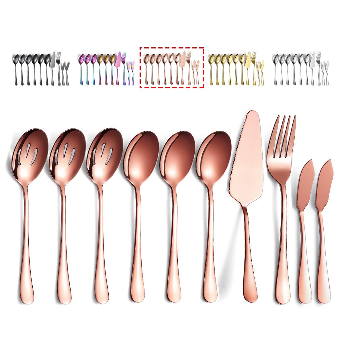 Rose Gold Serving Spoons 10 Pieces, Kyraton Serving Utensils, Serving Set Include 3 Serving Spoon, 3 Slotted Spoon, 1 Serving Fork, 1 Cake Server, 2 Butter Knife Spreaders