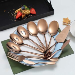 Rose Gold Serving Spoons 10 Pieces, Kyraton Serving Utensils, Serving Set Include 3 Serving Spoon, 3 Slotted Spoon, 1 Serving Fork, 1 Cake Server, 2 Butter Knife Spreaders