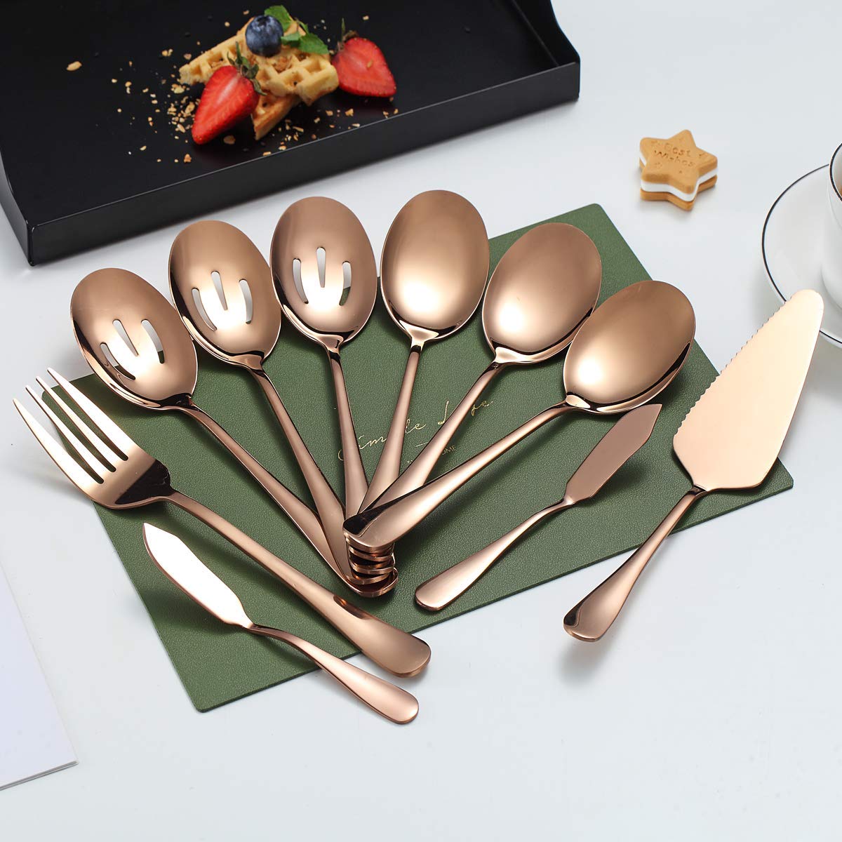 Rose Gold Serving Spoons 10 Pieces, Kyraton Serving Utensils, Serving Set Include 3 Serving Spoon, 3 Slotted Spoon, 1 Serving Fork, 1 Cake Server, 2 Butter Knife Spreaders