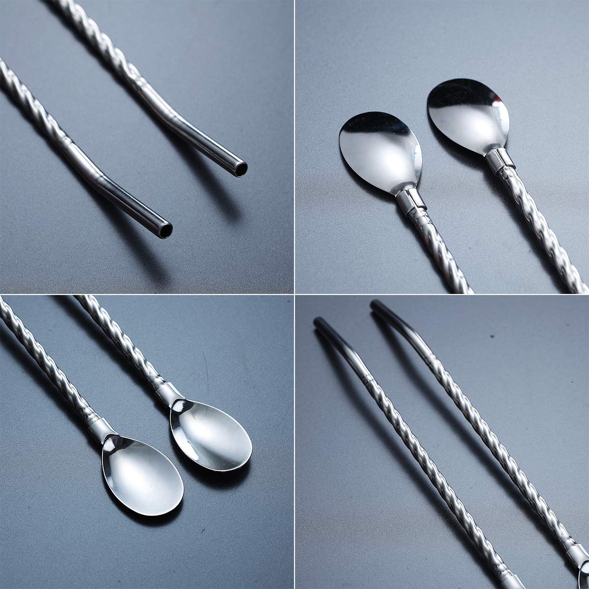 Iced Tea Spoon With Straw Handle For Drinking, 4 Pieces 8.7" Stainless Steel Long Handle Bar Spoon Silverware For Mixing and Stirring (4 Packs)