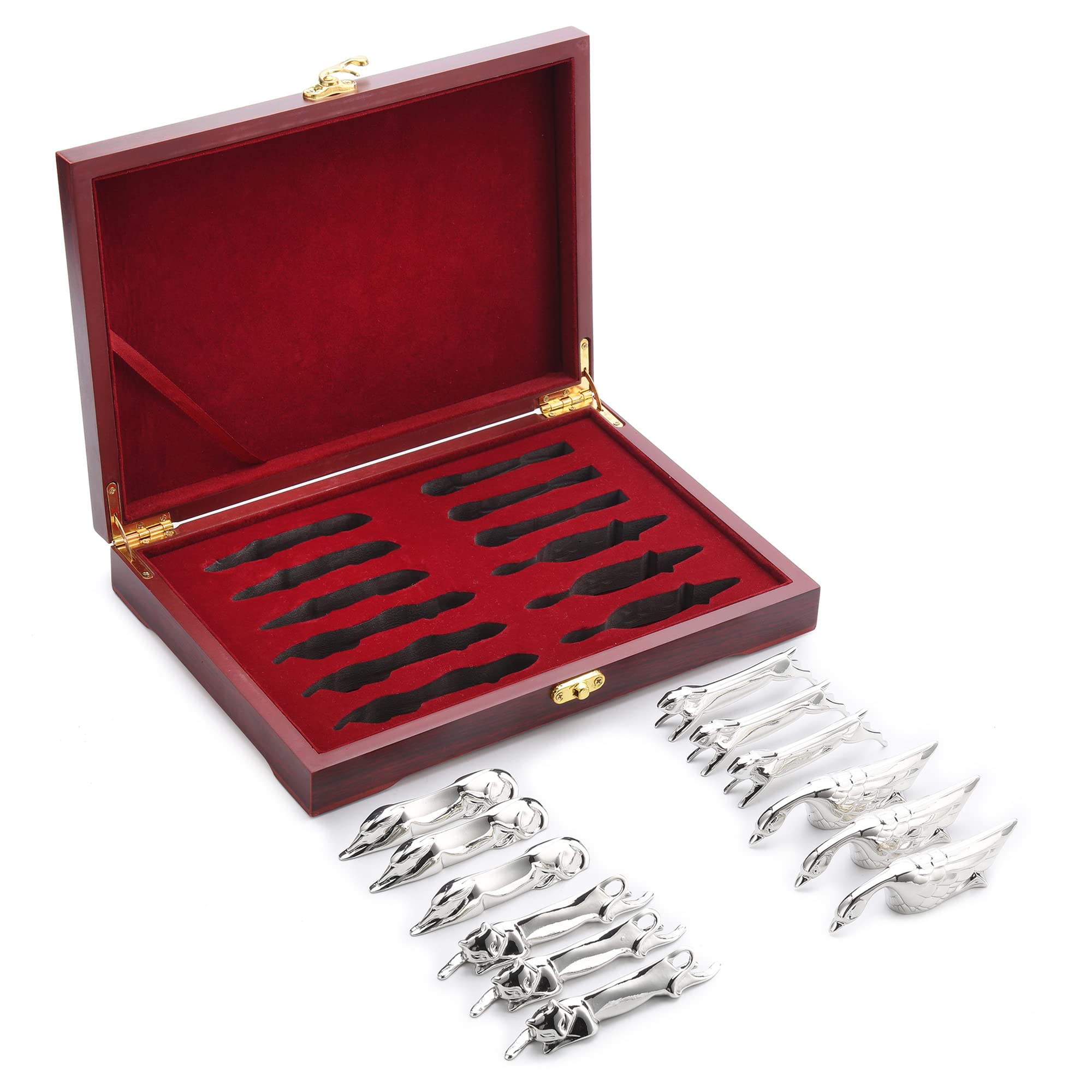 Silver Knife Rest Set ‘Animali d’Europa’ Cutlery Rest Set with Dark Wood Gift Box (Set of 12 Silverware Rests)