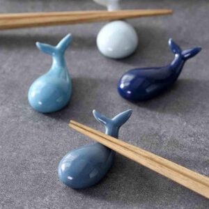 ORYOUGO Set of 4 Blue Whale Ceramic Chopstick Holder Creative Animal Chopstick Rest Spoon Fork Knife Rack Table Decors