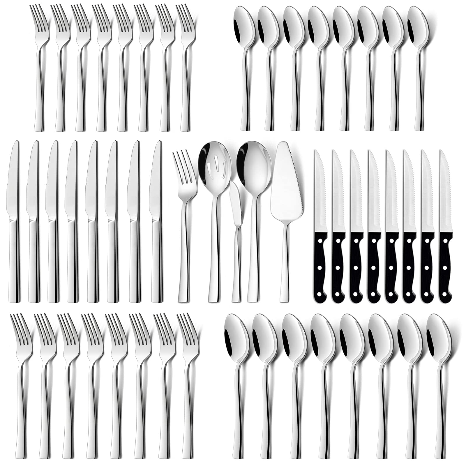 HaWare 53-Piece Silverware Set with Steak Knives, Stainless Steel Sturdy Flatware Serving Utensils, Modern Design Cutlery Tableware for Home Holiday Gift, Dishwasher Safe-Servive for 8