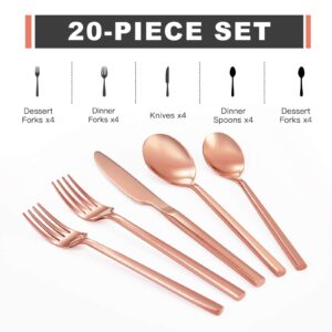 Rose Gold Silverware Set, 20-Piece 18/10 Stainless Steel Flatware Set, Cutlery Tableware Set Service for 4, Modern Utensil Set for Home Party Wedding Gift