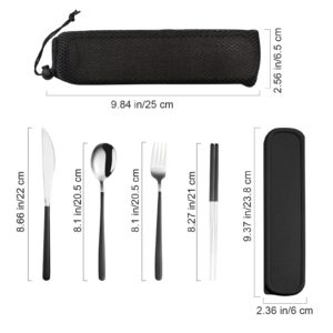 VANRA 4-Piece Portable Travel Utensils Set with Case 18/8 Stainless Steel Flatware Set Reusable Cutlery Set with Fork Spoon Knife Chopstick for Lunch Travel Camping School Work Picnic (Black)