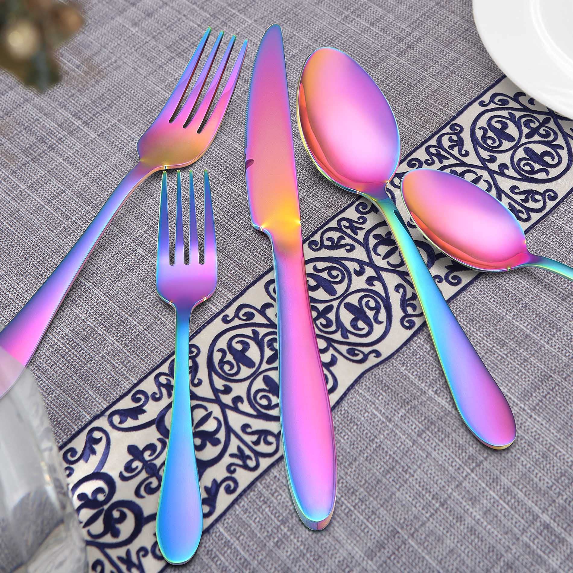 LIANYU 40-Piece Rainbow Silverware Set for 8, Stainless Steel Colorful Flatware Cutlery Set, Tableware Eating Utensils Include Forks Knives Spoons, Mirror Polished, Dishwasher Safe